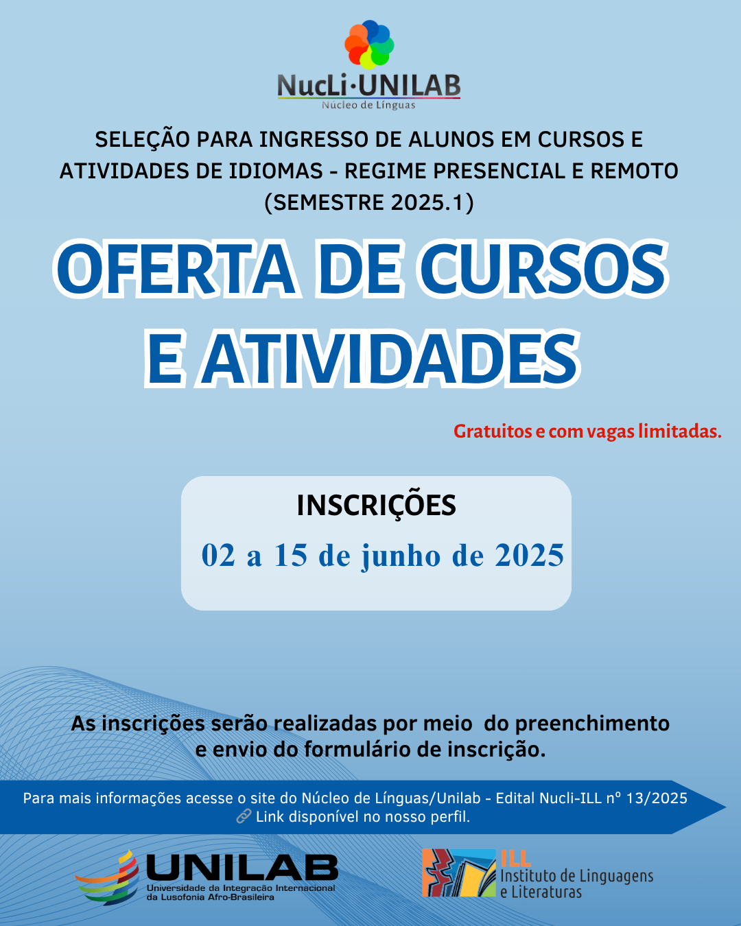 Oferta de Cursos e Atividades – semestre 2025.1 – Núcleo de Línguas – UNILAB
